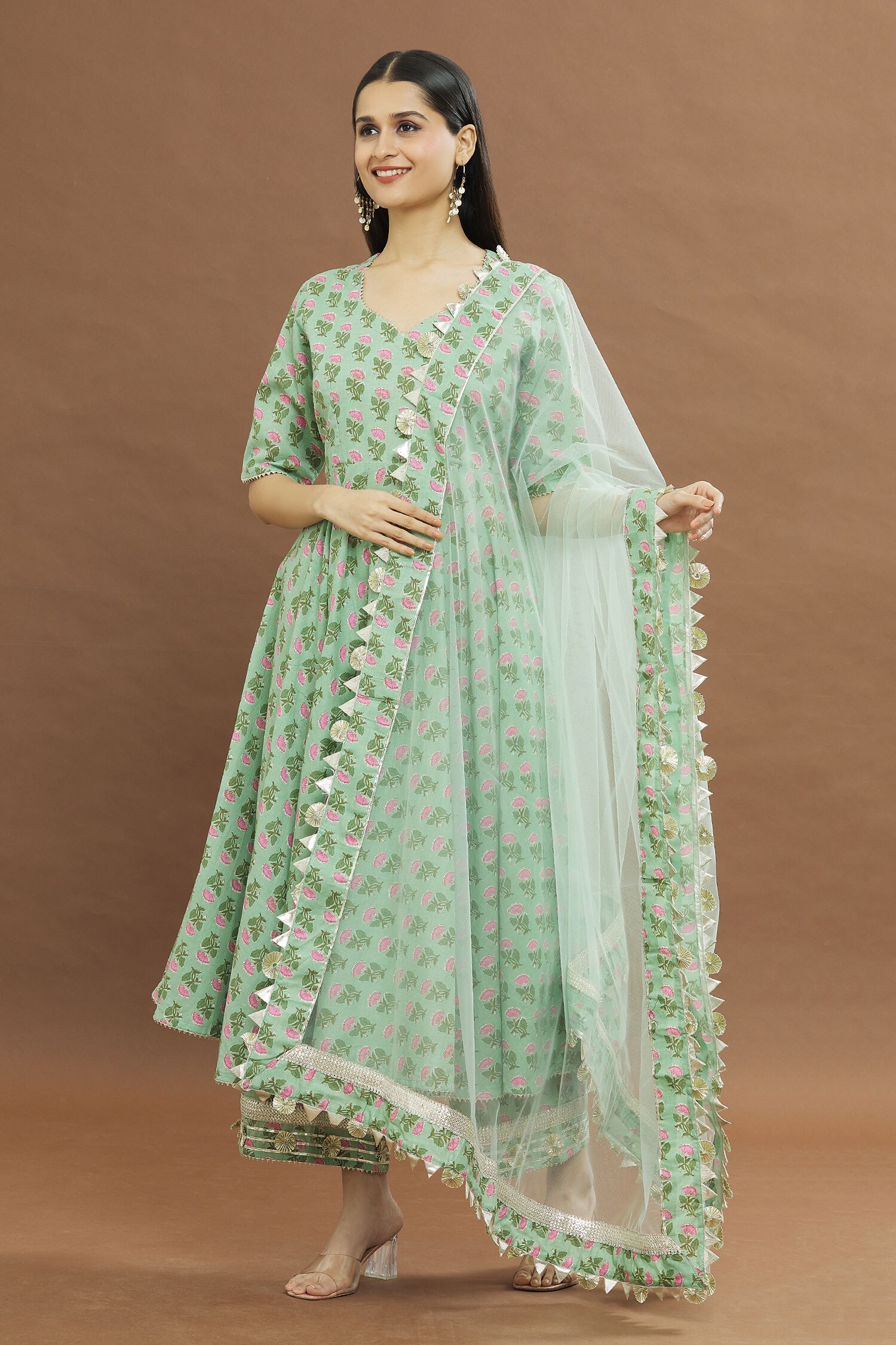 Buy Green Printed Floral Leaf Neck Anarkali Set For Women by POMCHA ...