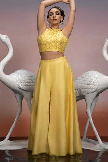 Buy Yellow Crop Top And Flap Palazzo: Dupion Silk Embroidery Crystal ...