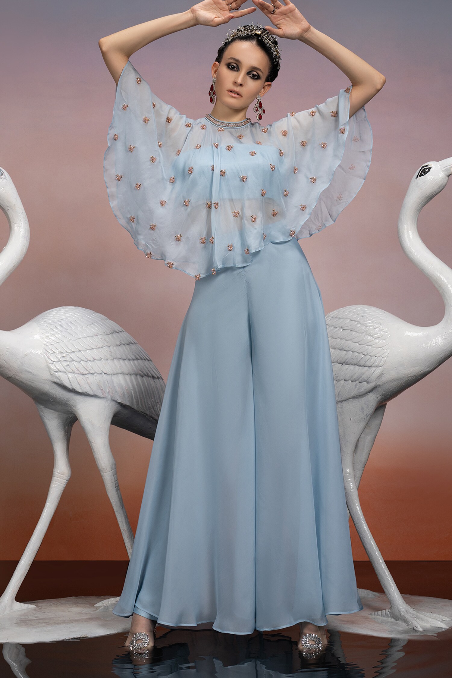 Buy Blue Cape And Palazzo Soft Organza Bustier Dupion Silk Embroidery ...