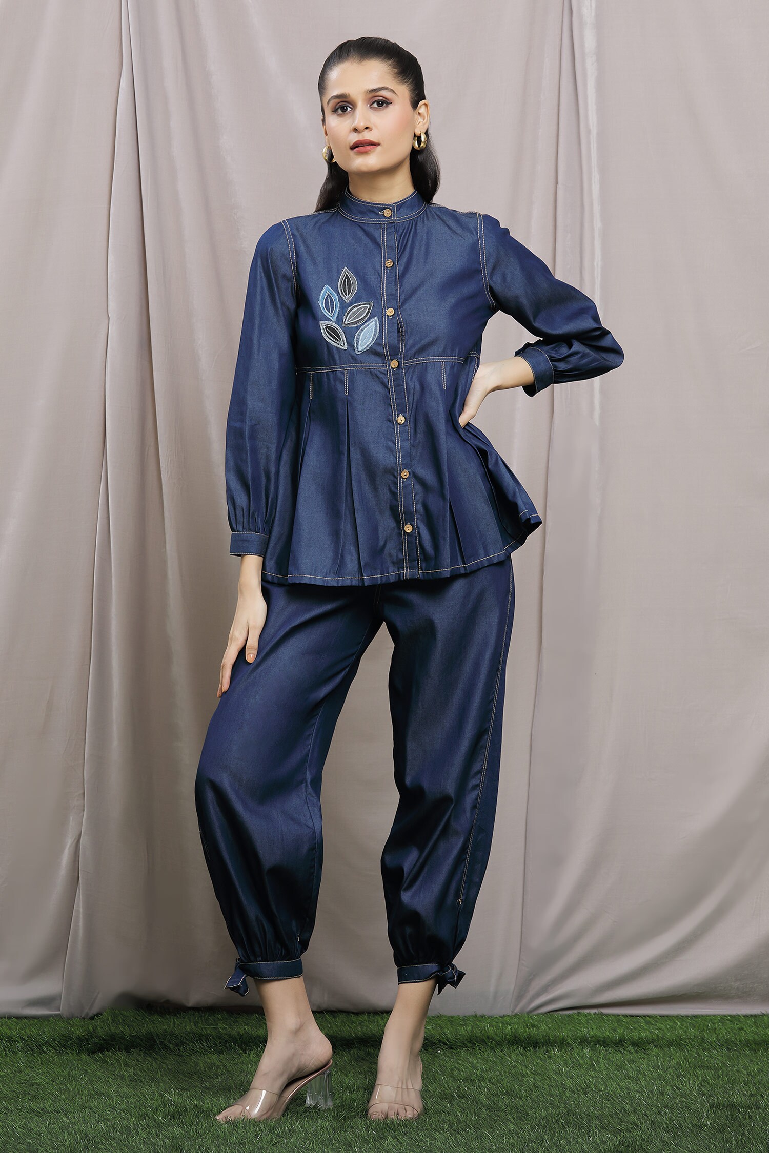 Buy Blue Soft Denim Embroidery Patchwork Peplum Shirt And Harem Pant ...