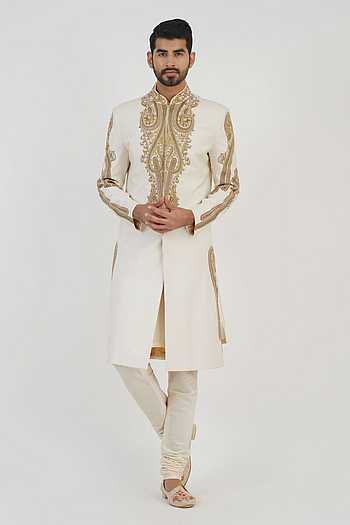 Buy Ivory Matka Silk Hand Embroidered Dabka Sherwani Churidar Set For ...