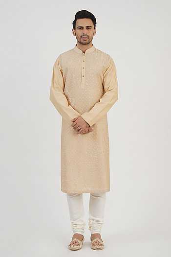 Buy Beige Chanderi Embroidered Jaal Kurta And Churidar Set For Men by ...