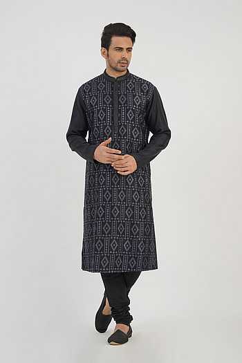 Buy Black Chanderi Embroidered Thread Kurta And Churidar Set For Men by ...