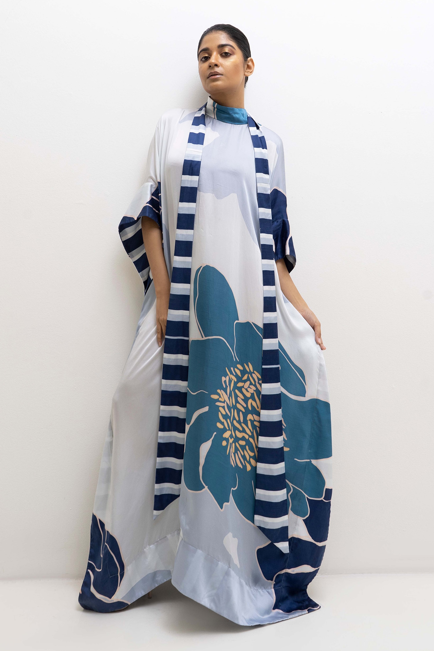 Buy Blue Modal Satin Printed Floral Tie-up Kaftan For Women by Rimi ...