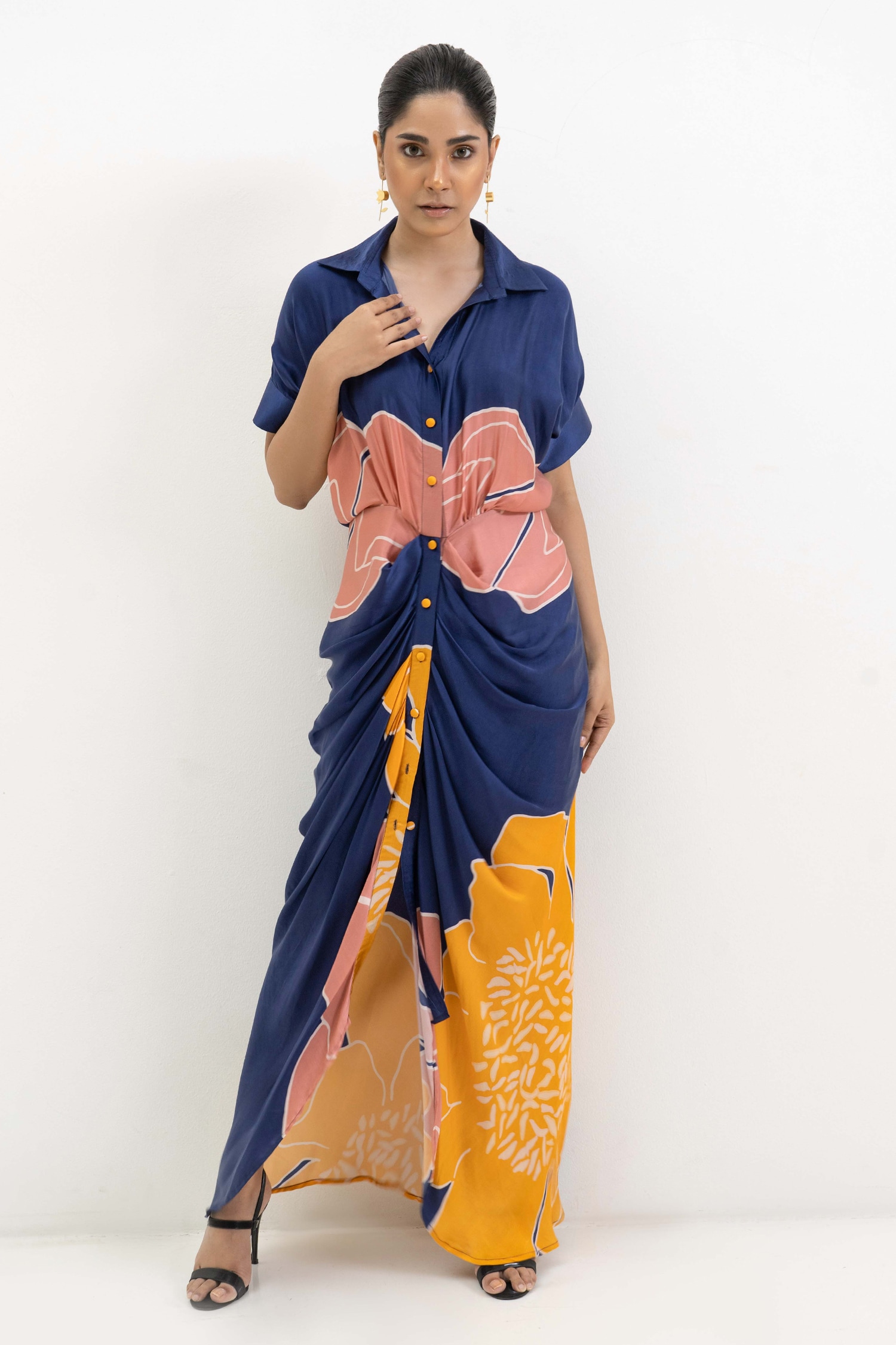 Buy Blue Crepe Modal Printed Floral Shirt Collar Draped Dress For Women ...