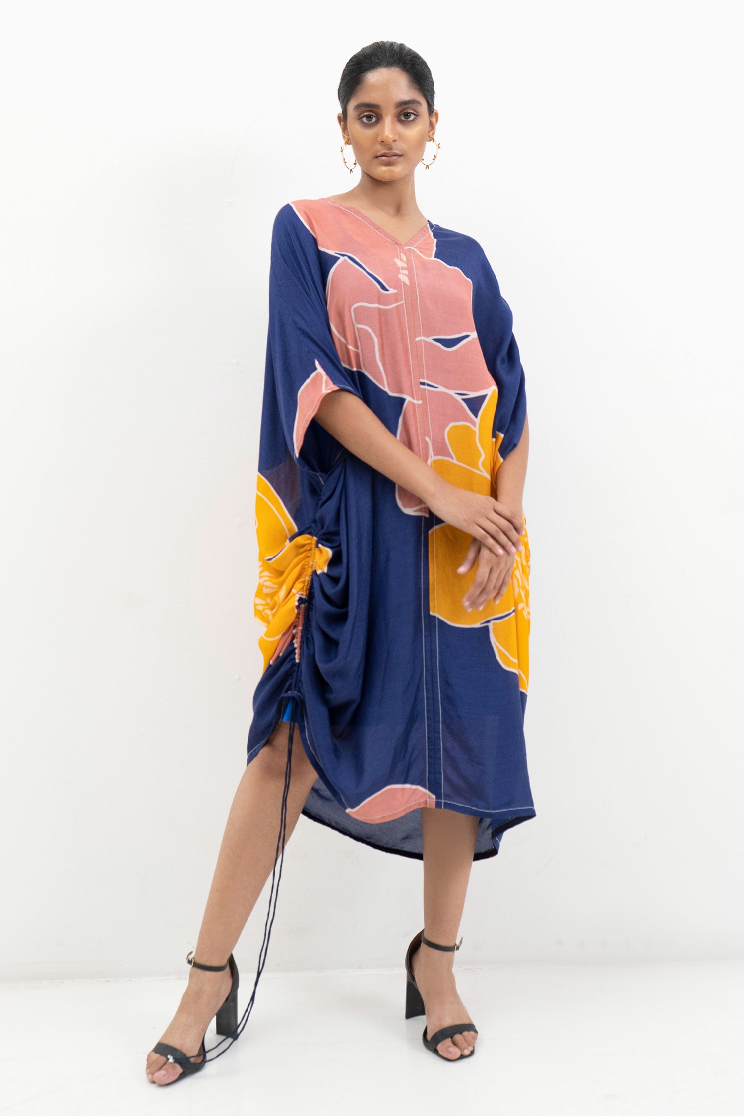 Buy Blue Crepe Modal Printed Floral V-neck Ruched Dress For Women by ...