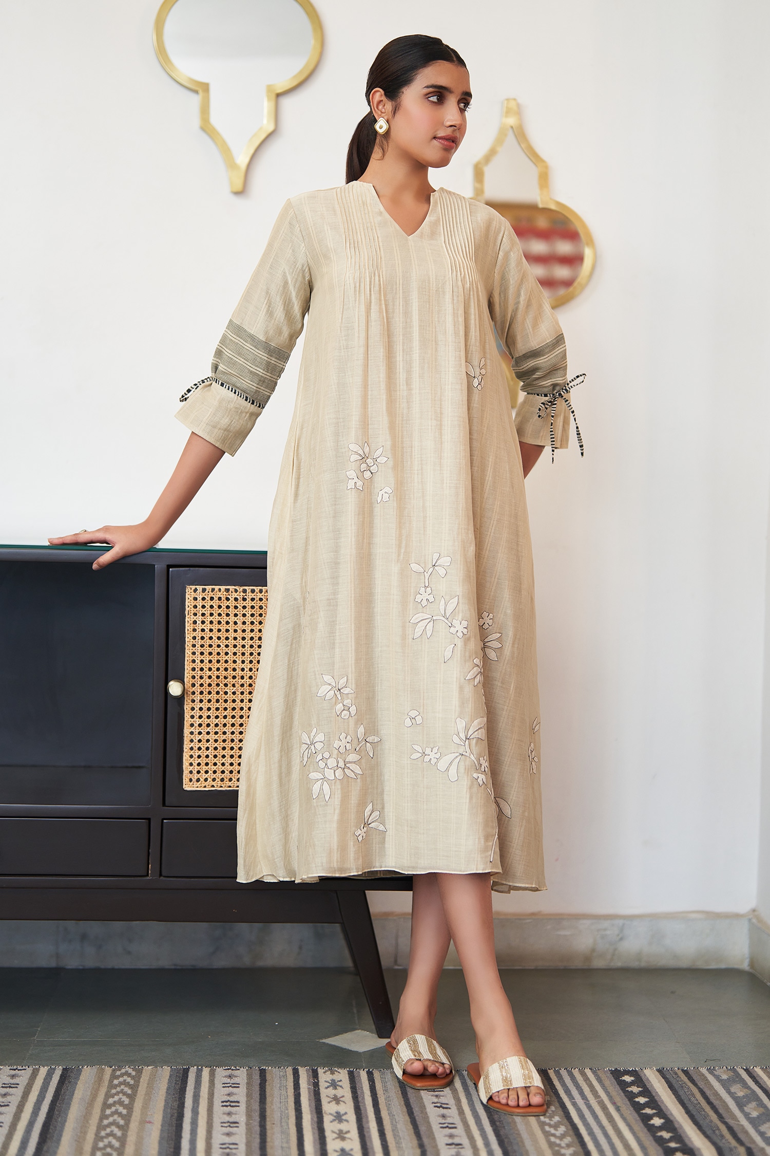 Buy Off White Muslin Cotton Embroidered Applique Floral Work Midi Dress ...