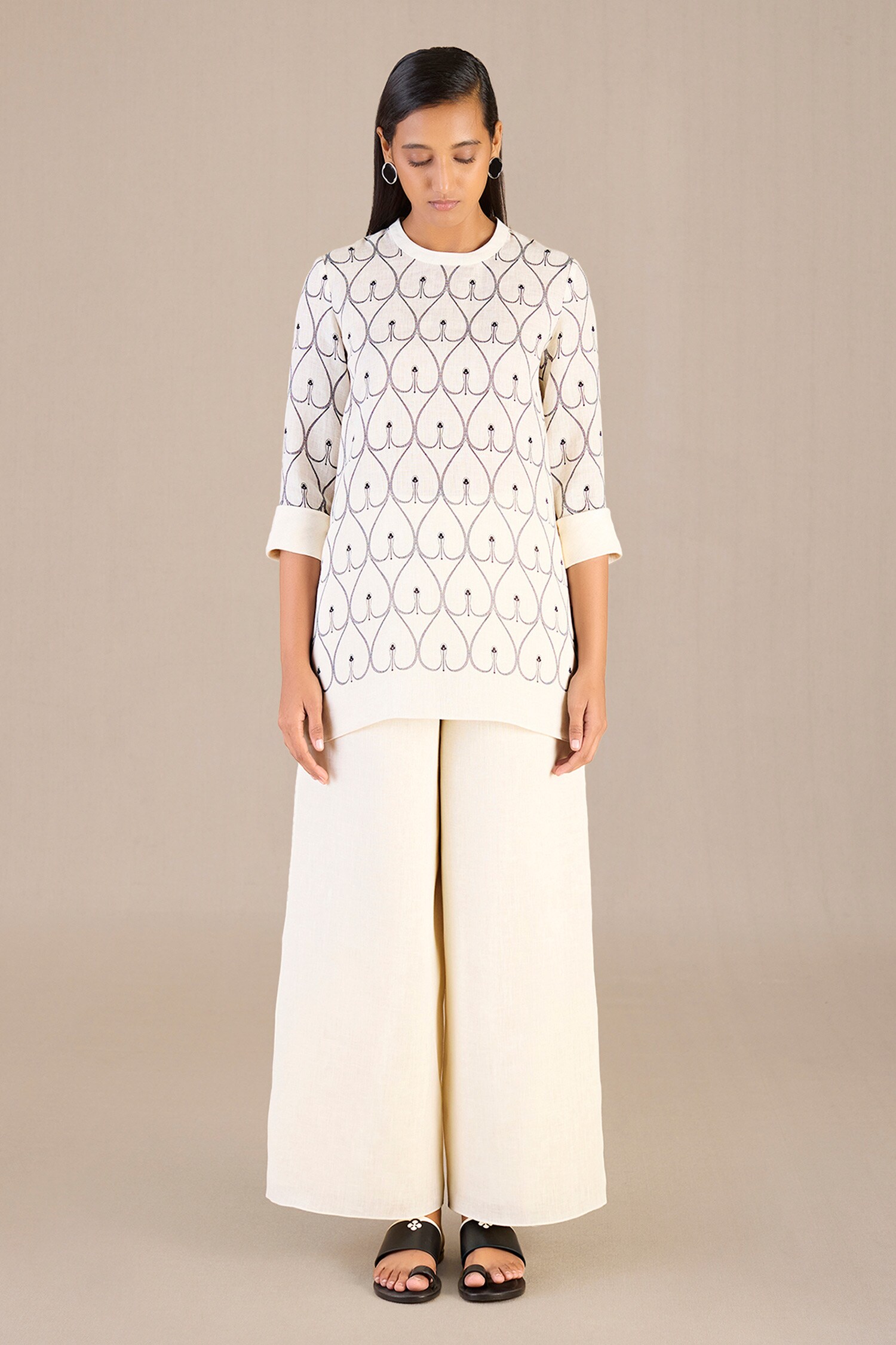 Buy Ivory Pure Linen Print Heart Mania Round Mia Tunic With Palazzo For ...