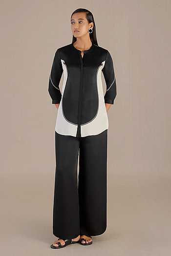 Buy Black Organza Satin Printed Paisley Colorblock Shirt And Palazzo ...