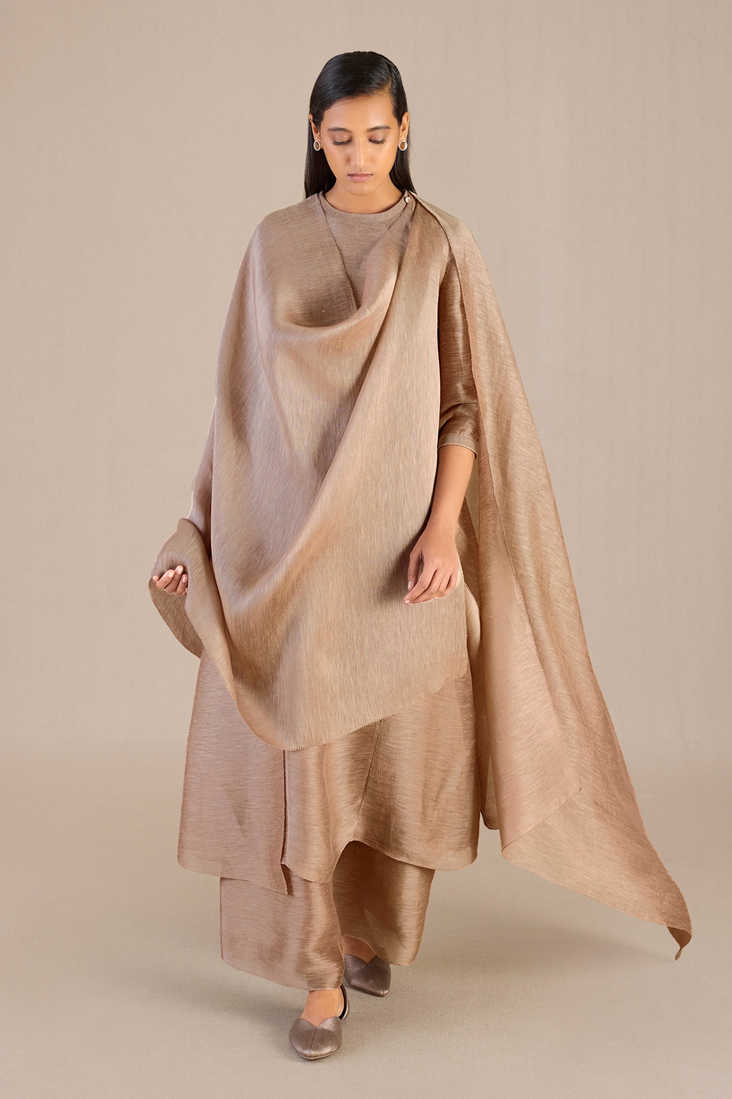 Buy Brown Linen Slub Silk Plain Round Adiva Solid Kurta Set For Women ...