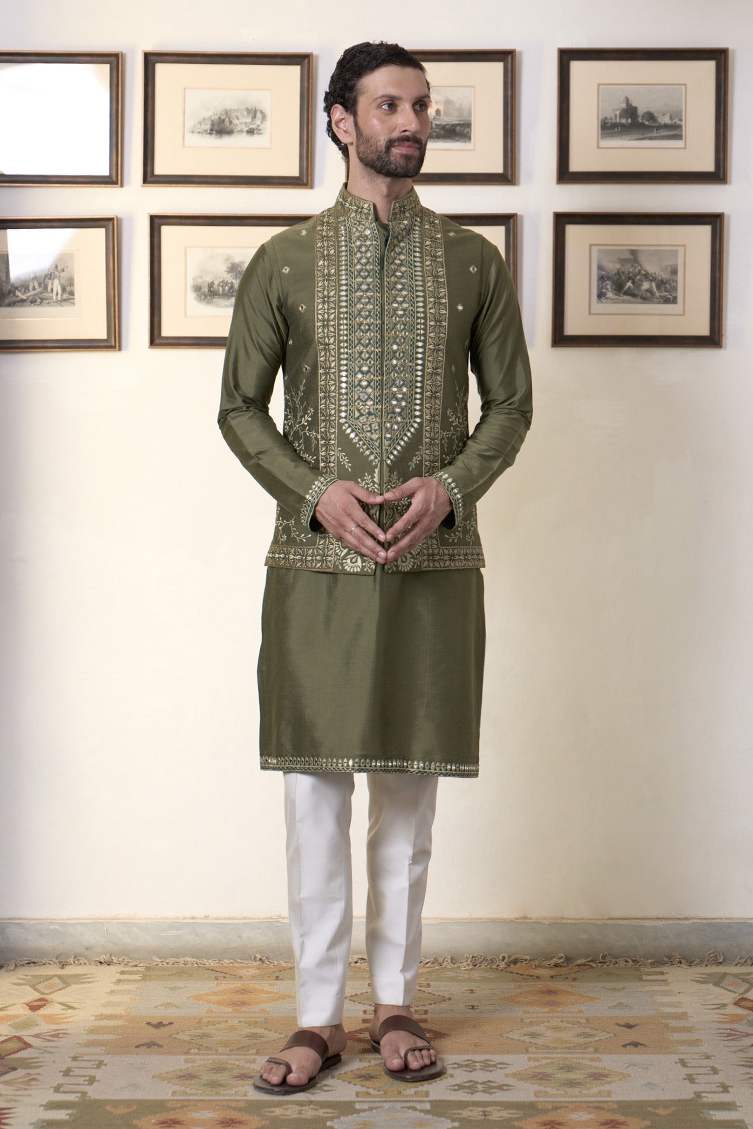 Buy Green Cotton Silk Zaitoon Divy Mirrorwork Embellished Bundi Kurta ...