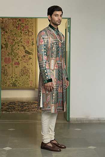 Buy Emerald Green Poly Panna Gulfam Mosaic Pattern Sherwani Churidar ...