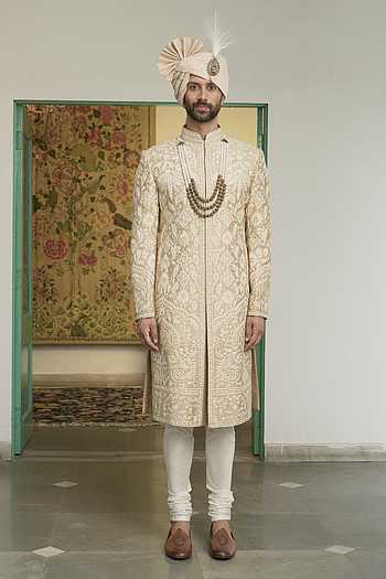 Buy Beige Raw Silk Embroidered Badami Kundan Kashmiri Sherwani Churidar ...
