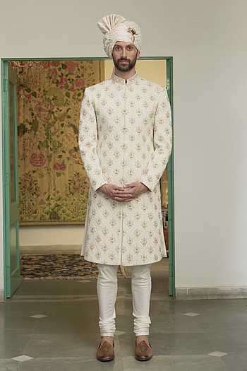 Buy Ivory Linen Flex Samsara Nazaar Floral Sherwani Churidar Set For ...