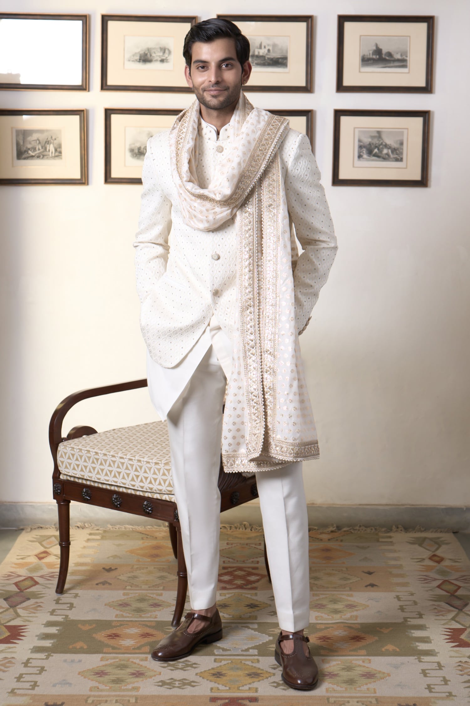 Buy Ivory Polyester Jacquard Hand Embroidery Swetah Karam Bandhgala ...