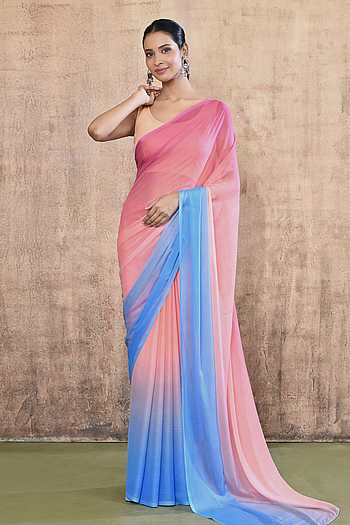 Buy Pink Chiffon Shaded Contrast Saree With Unstitched Blouse Piece For ...
