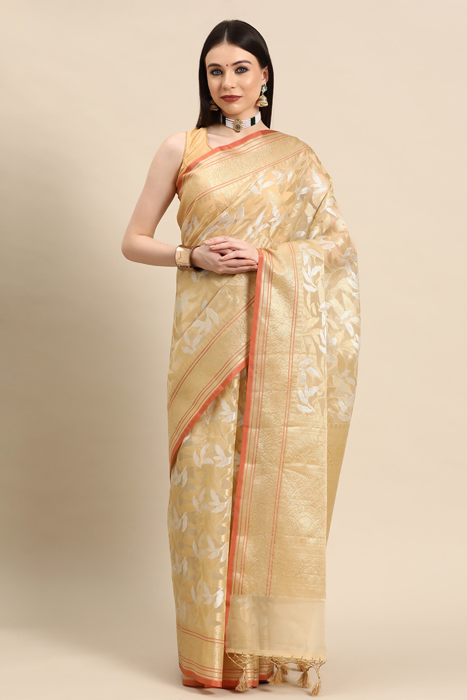 Buy Off White Linen Blend Woven Leaf And Floral Saree With Running ...
