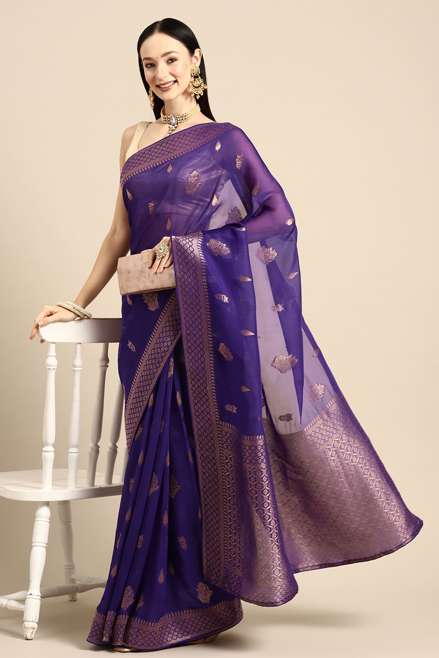 Buy Purple Linen Blend Woven Floret And Floral Saree With Running ...