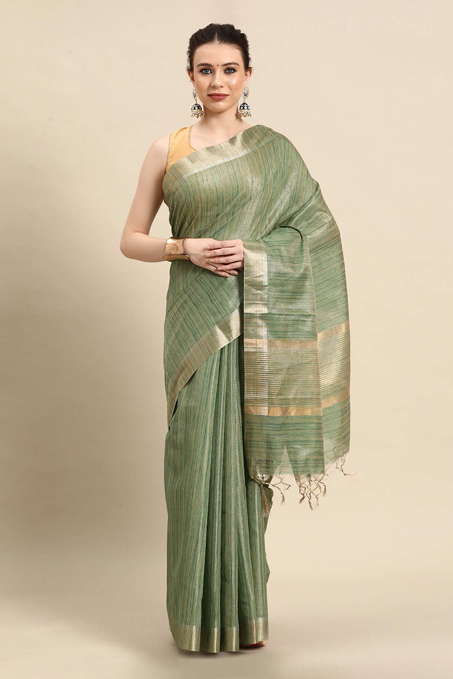 Buy Green Linen Blend Woven Stripes Saree With Running Blouse For Women ...