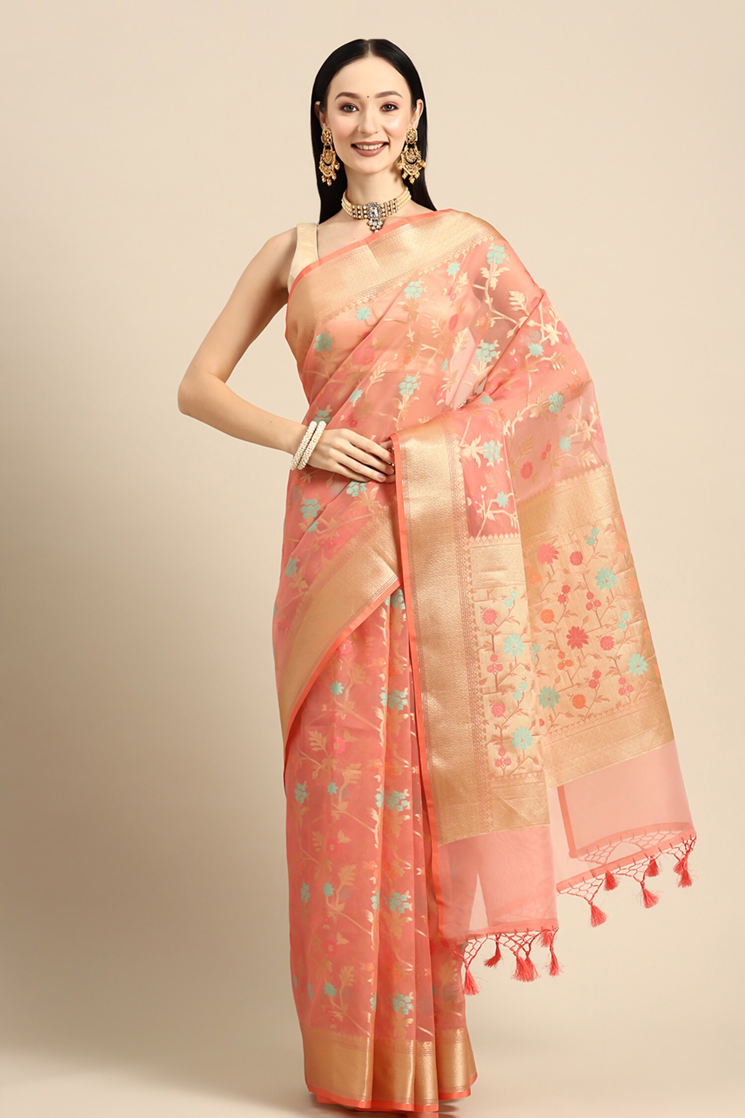 Buy Peach Linen Blend Woven Floral Jaal And Saree With Running Blouse ...