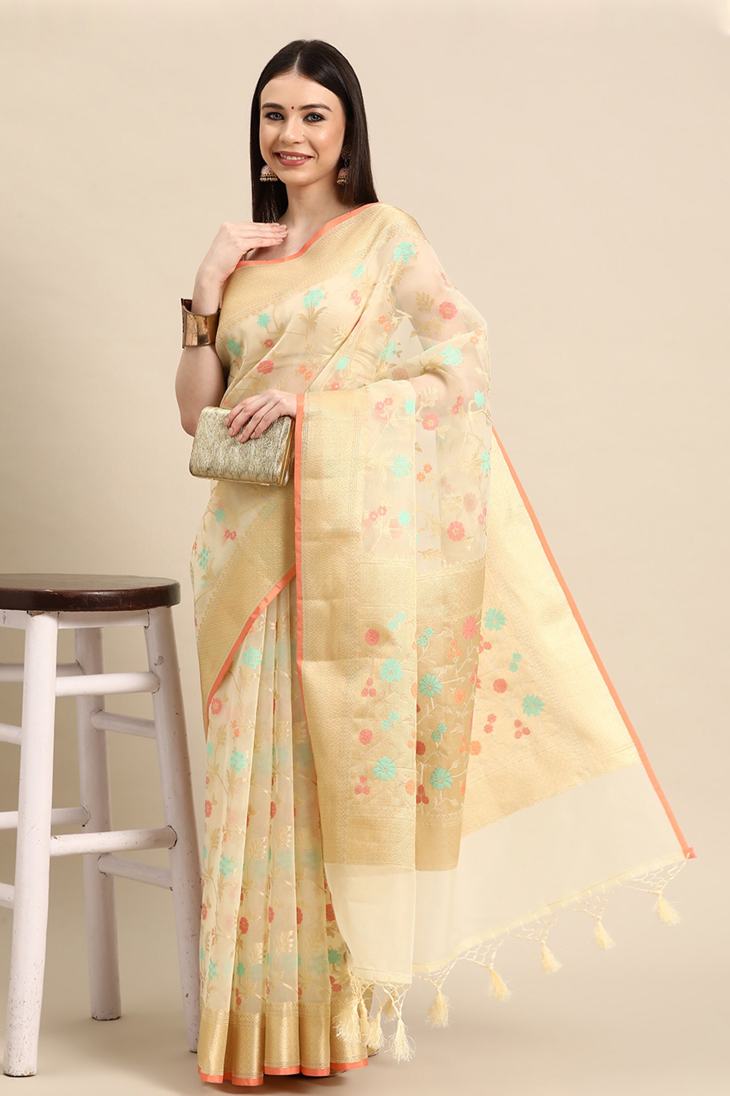 Buy Off White Linen Blend Woven Floral Jaal And Saree With Running ...