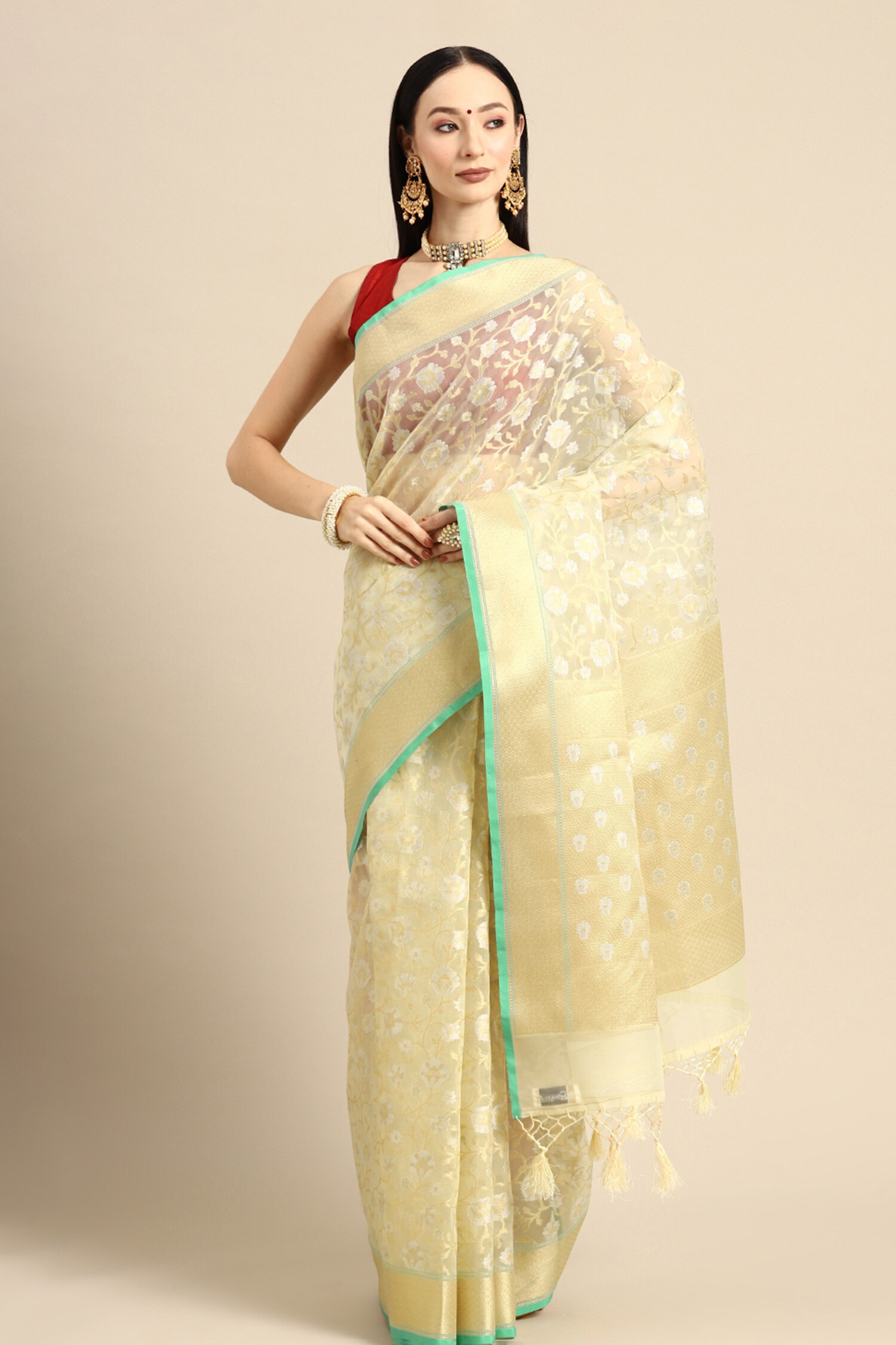 Buy Green Linen Blend Woven Floral Vine And Saree With Running Blouse ...