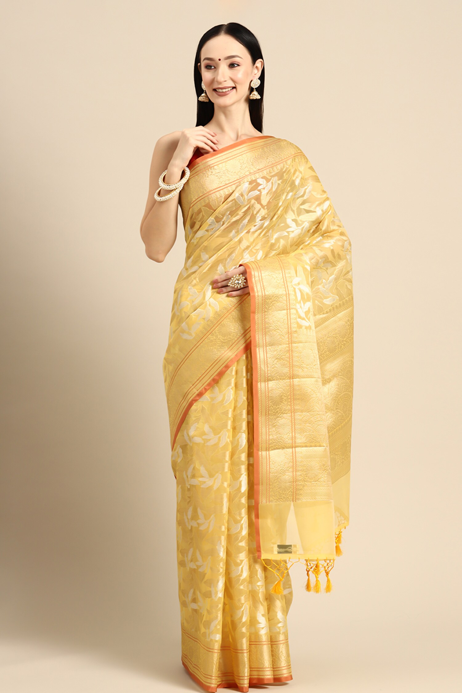 Buy Yellow Linen Blend Woven Leaf And Floral Jaal Saree With Running ...