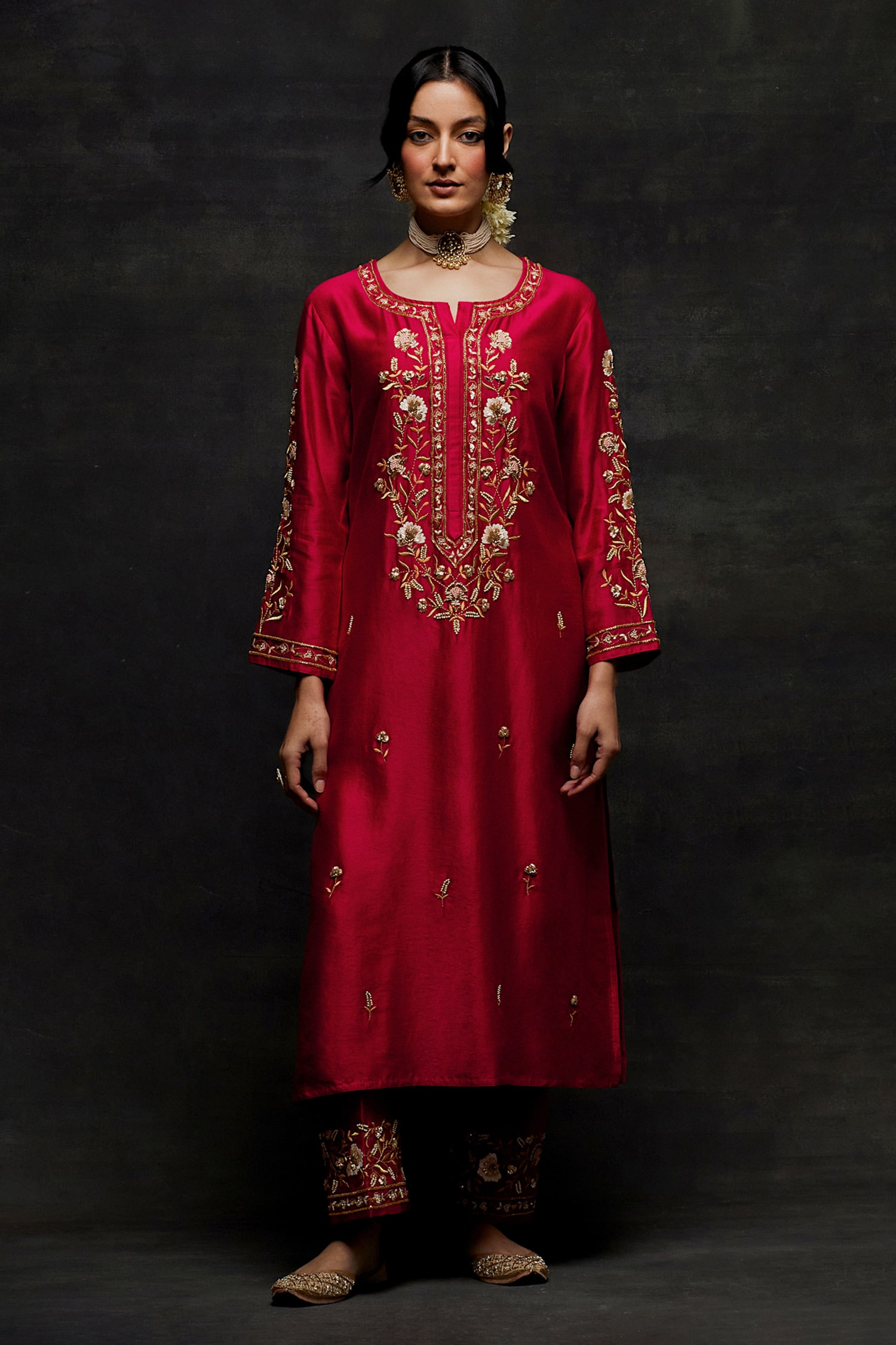 Buy Red Silk Chanderi Embroidery Zardozi Round Kurta And Pant Set For Women by Anantaa by Roohi ...