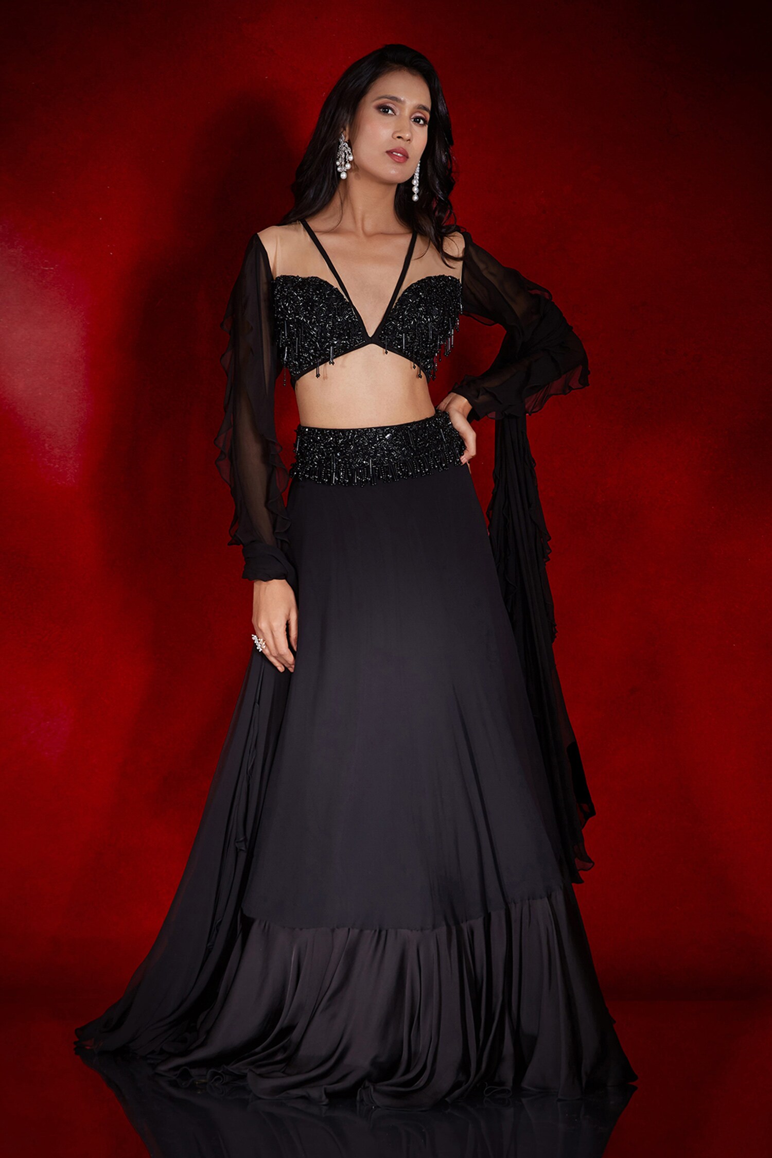 Buy Black Georgette Embroidered Alessa Frilled Hem Lehenga Blouse Set ... Buy Black Georgette Embroidered Alessa Frilled Hem Lehenga Blouse Set ...