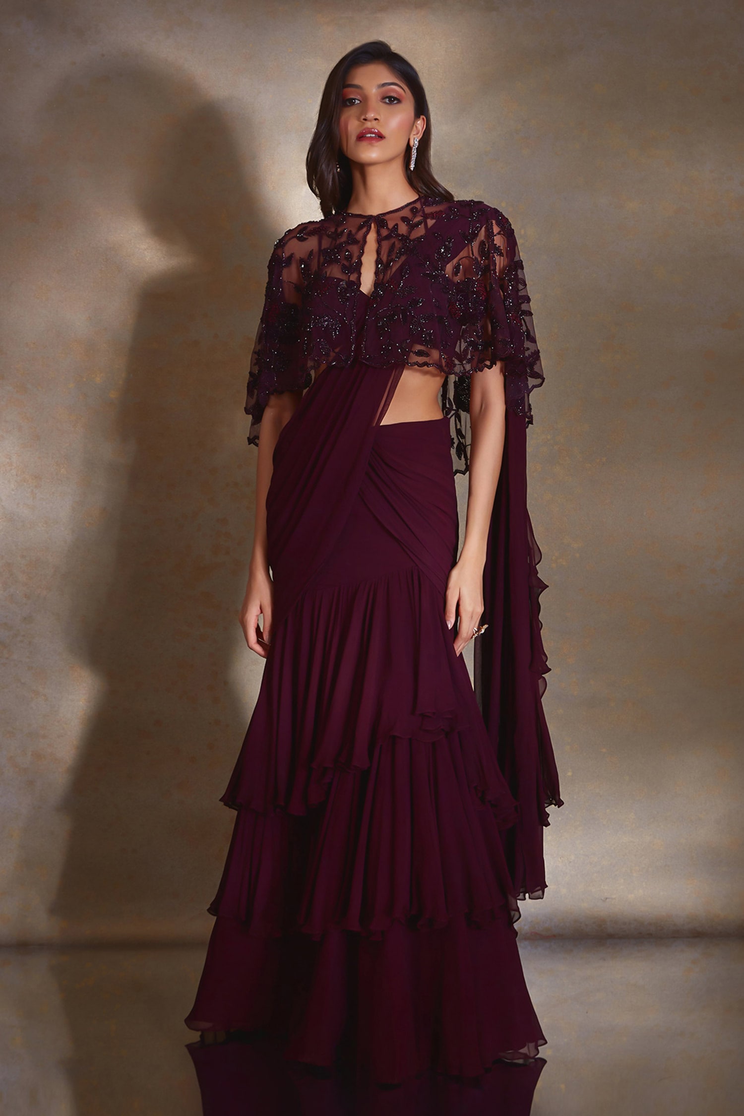 Buy Purple Era Crystal Embroidered Pre-stitched Ruffle Saree Set For ... Buy Purple Era Crystal Embroidered Pre-stitched Ruffle Saree Set For ...