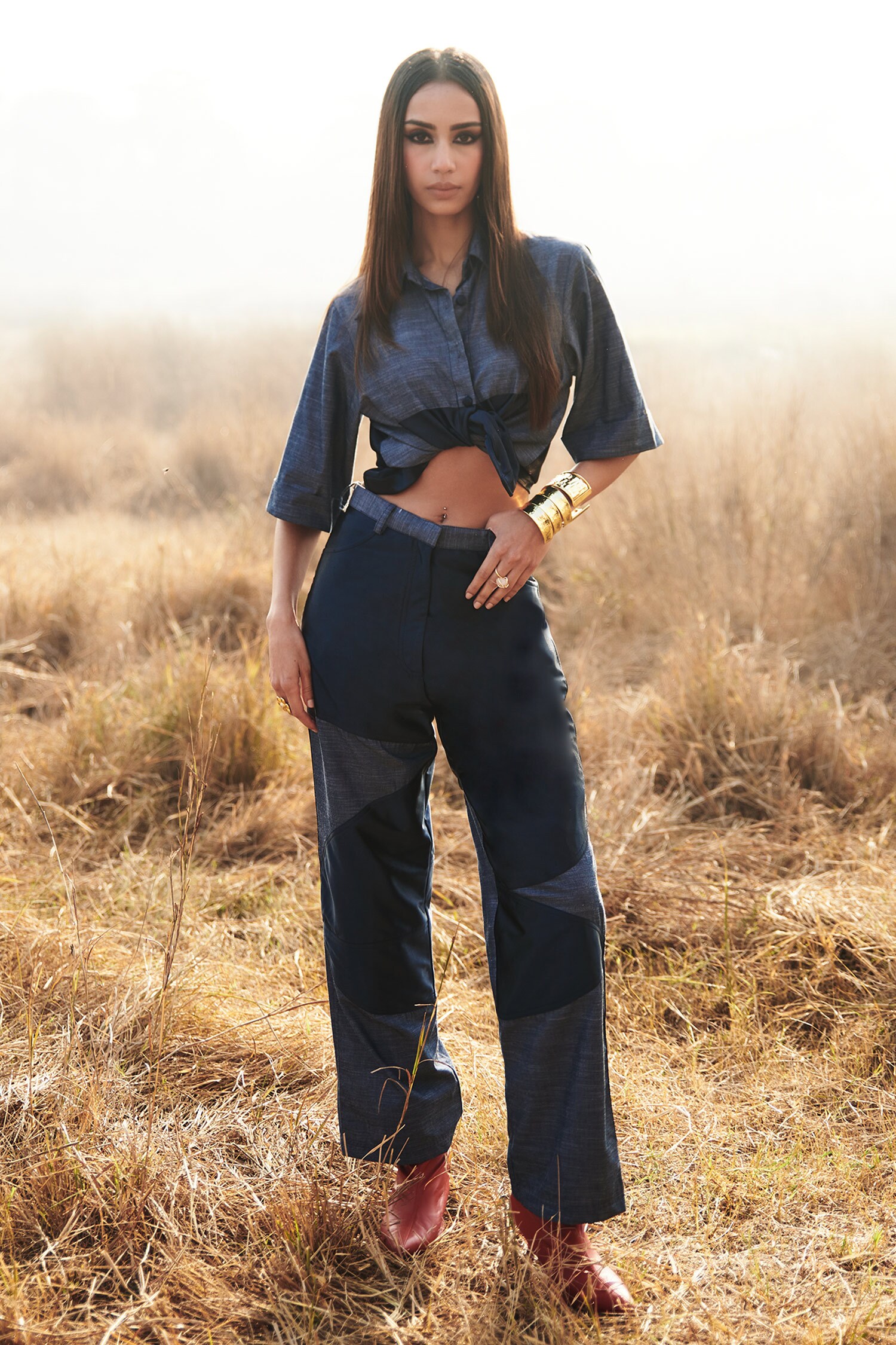 Buy Blue Diva Satin Plain Collar Panelled Shirt And Pant Set For Women ...