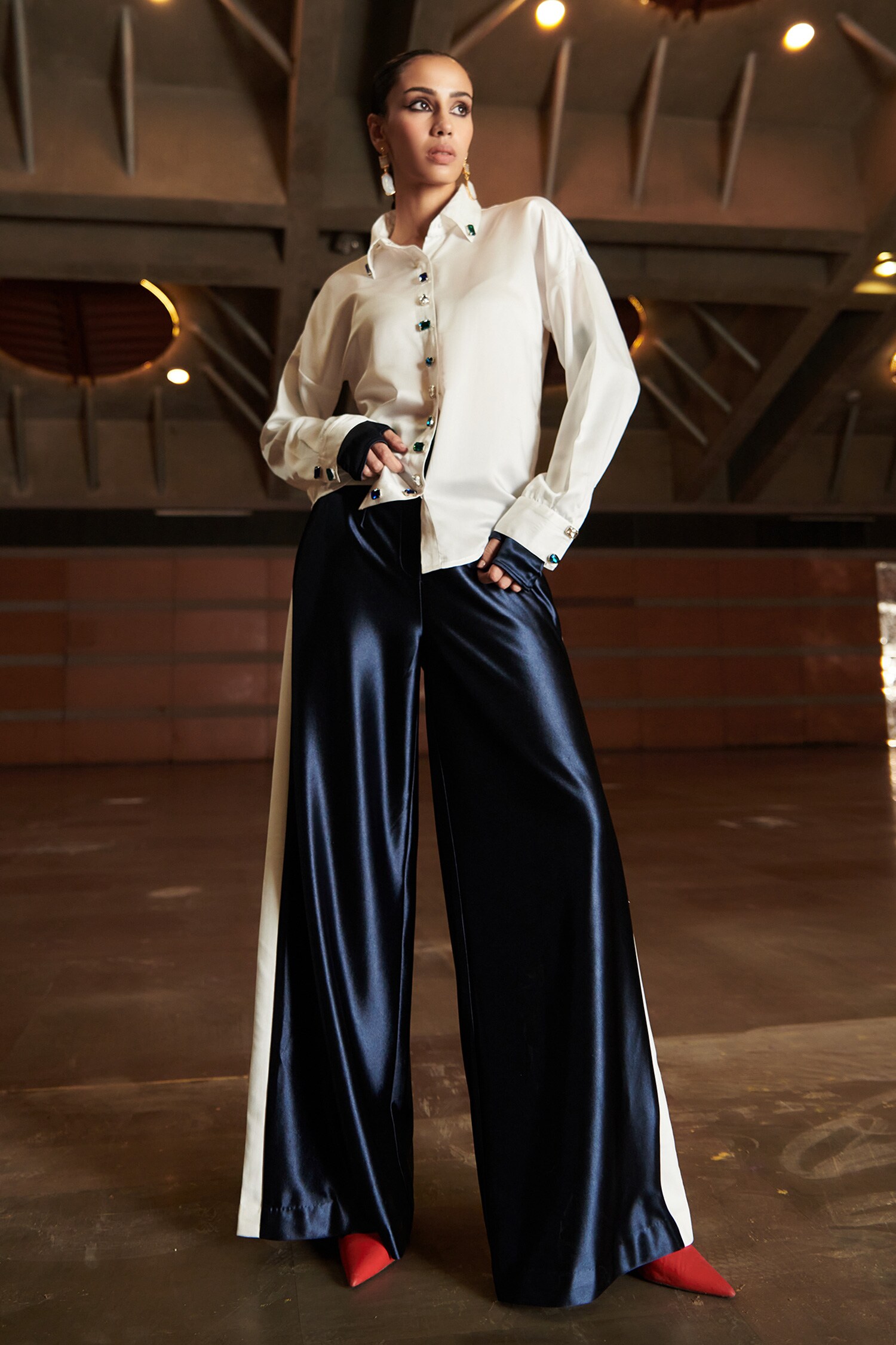 Buy Blue Metallic Lycra Wide Legged Pant For Women by Cin Cin Online at ...