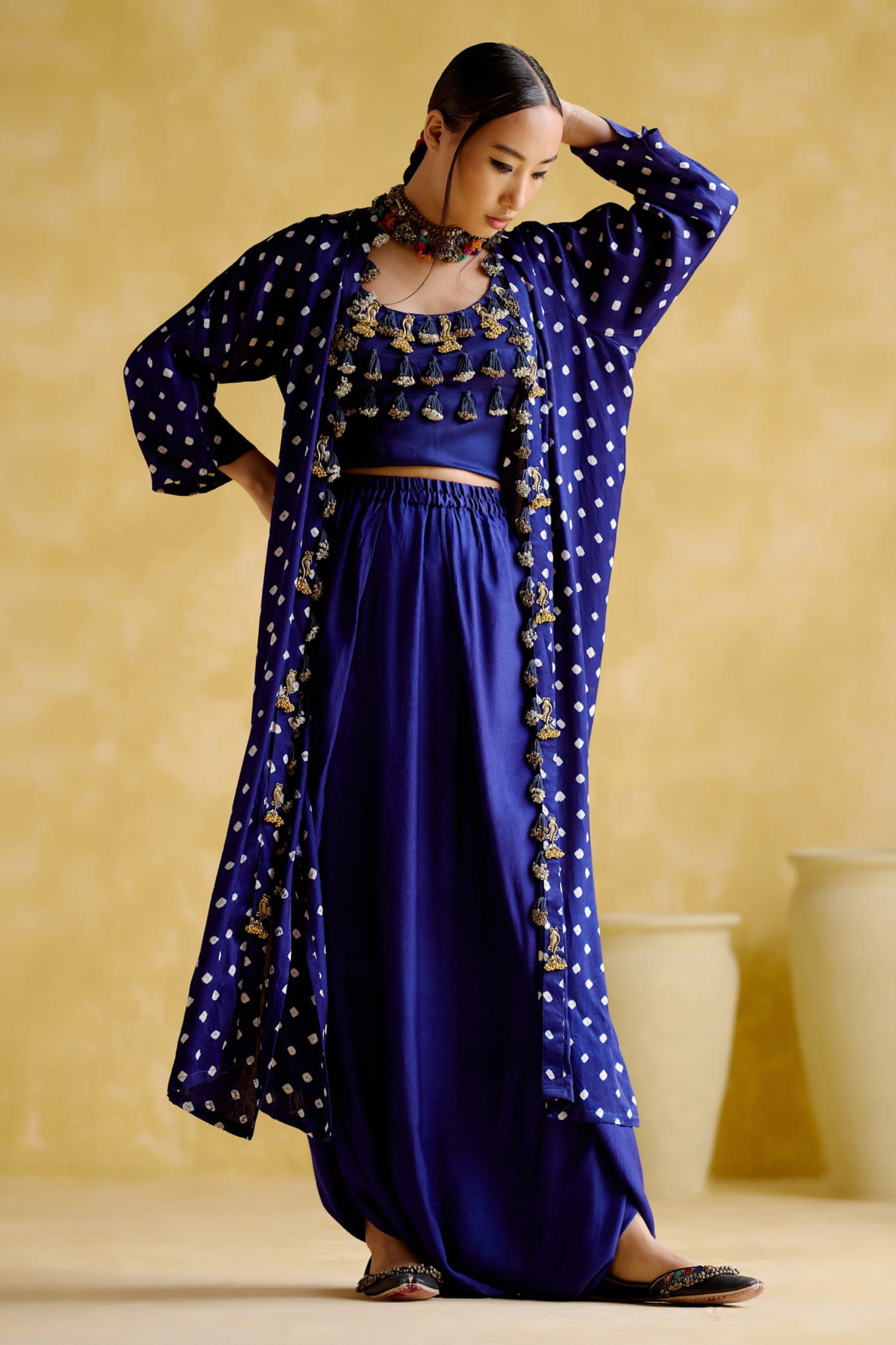 Buy Blue Modal Satin Embellished Bandhani Malini Work Draped Skirt Set ...