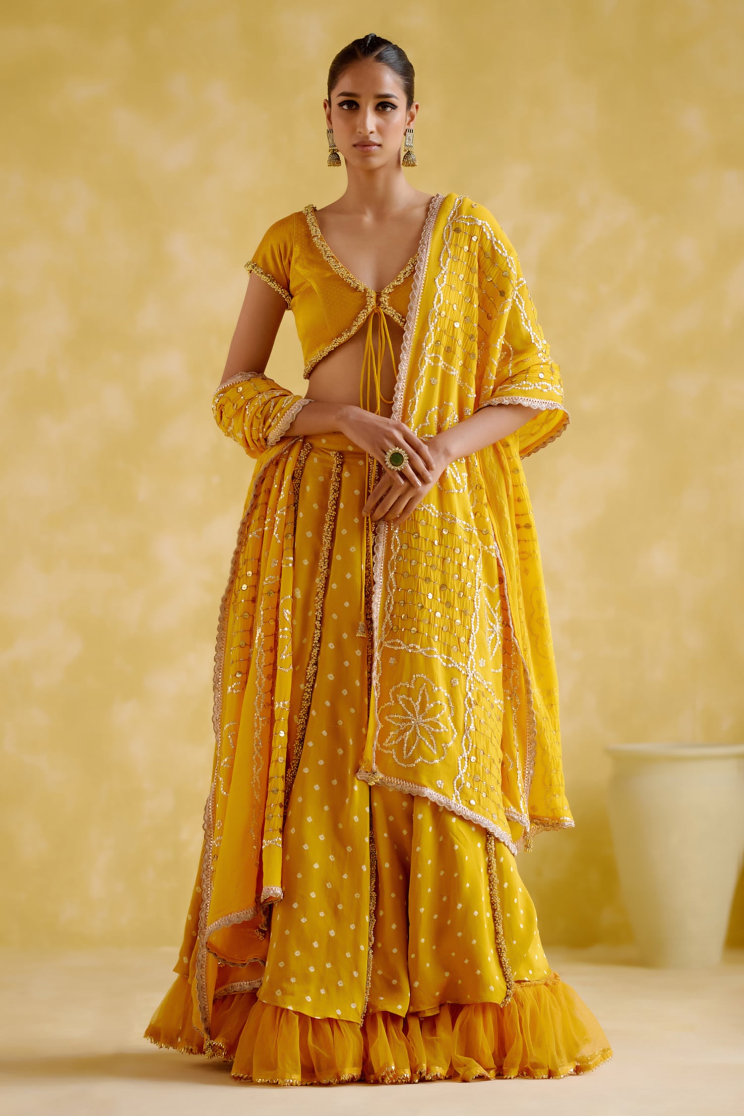 Buy Yellow Lehenga: Silk Organza Embellished Bandhani Aparna Pattern ...