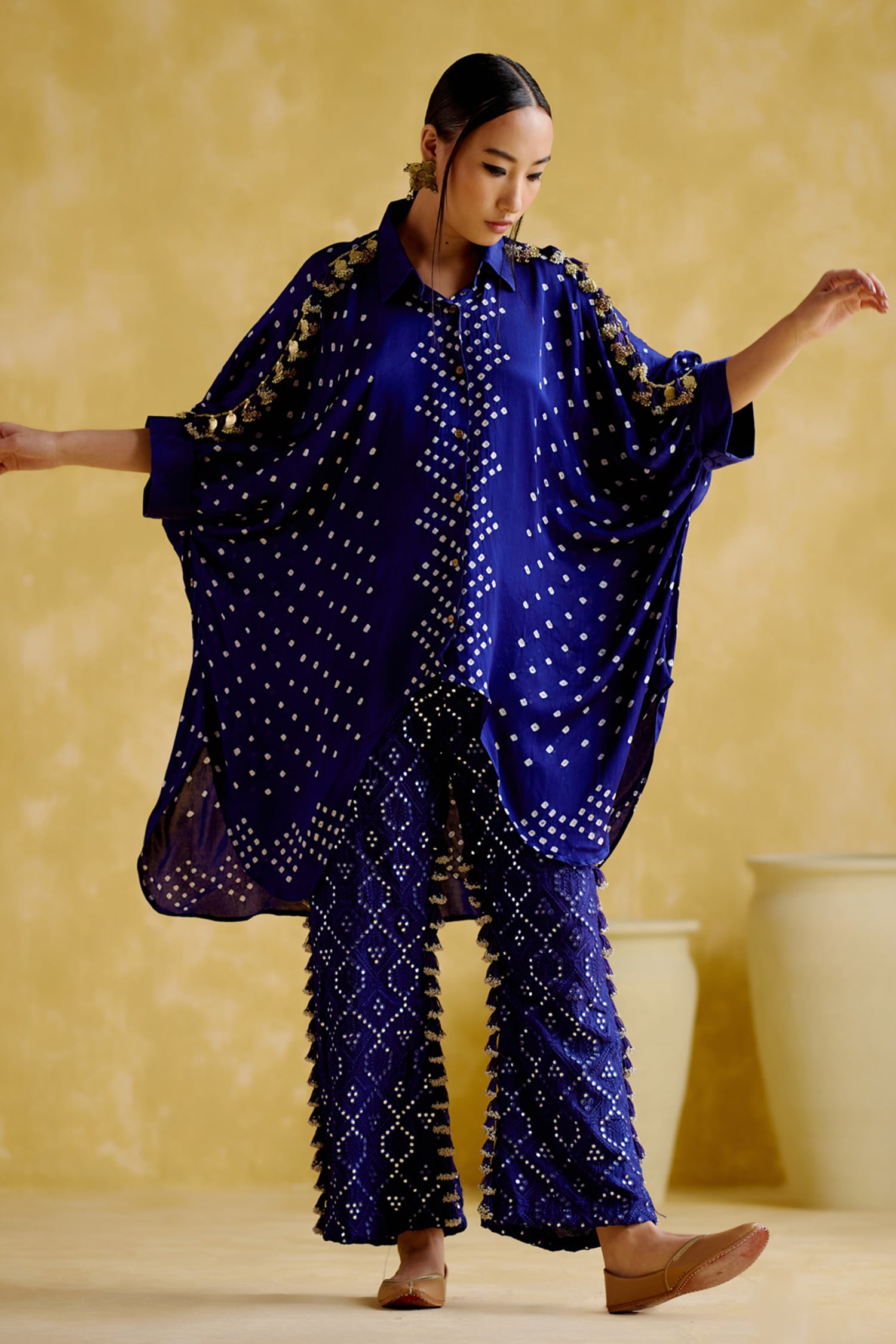 Buy Blue Modal Satin Embellished Bead Mirrorwork Geometric Pattern Pant ...