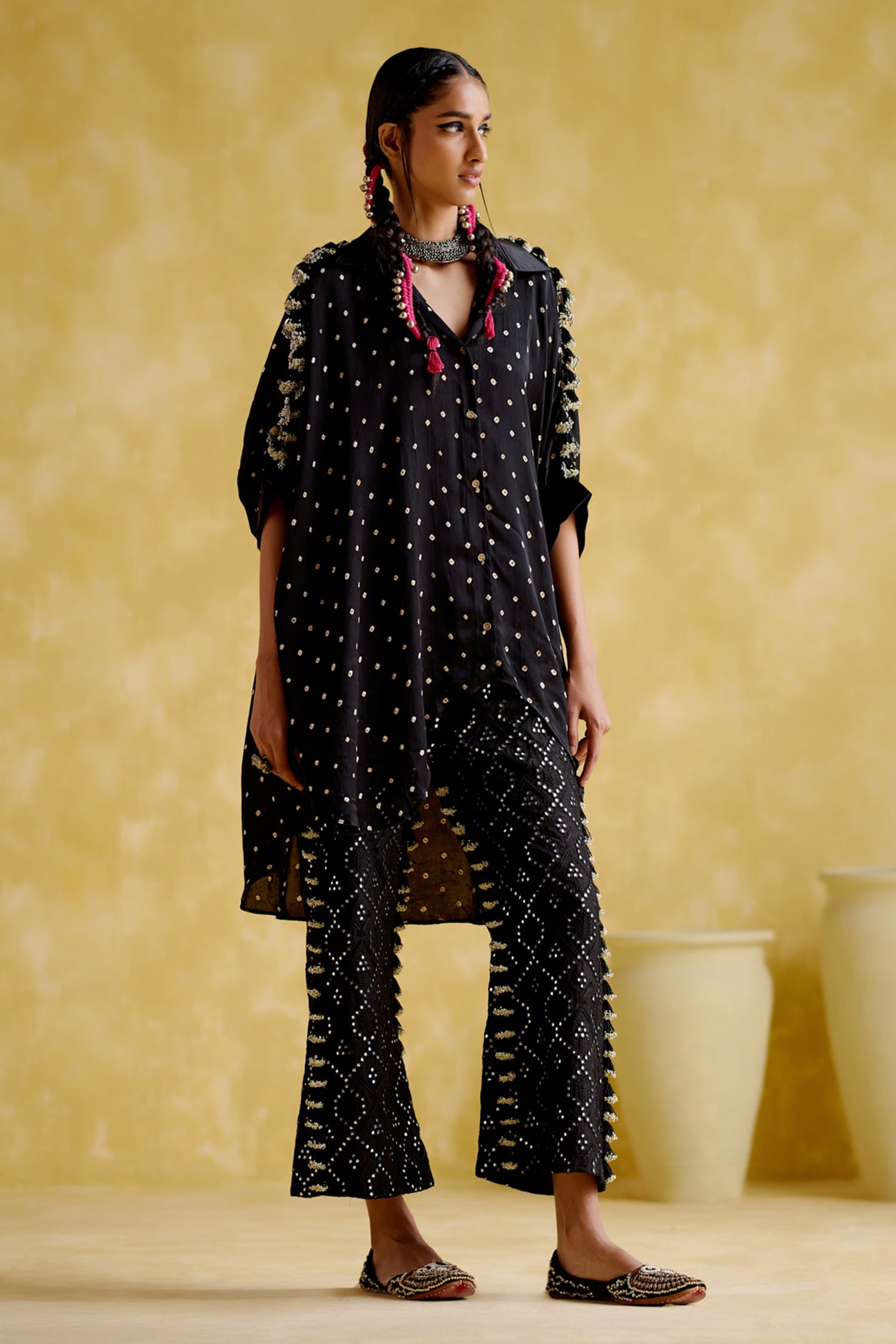 Buy Black Modal Satin Embellished Bead Tassells Mirrorwork Pant For ...