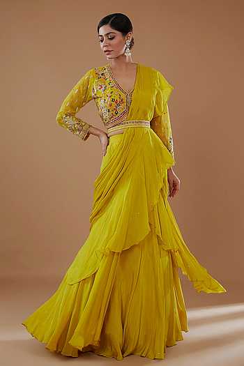 Buy Yellow Crepe Layered Draped Ruffle Lehenga Saree With Blouse For ...