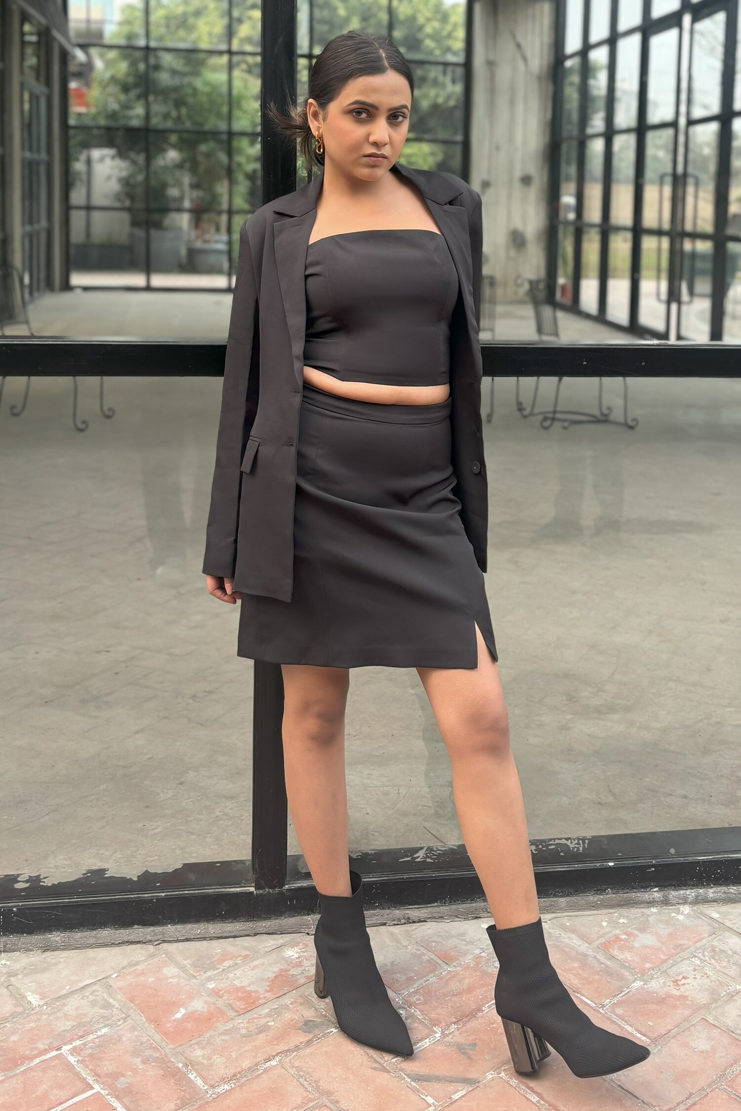 Buy Black Banana Crepe Plain Lapel Collar Double Jacket Short Skirt Set ...