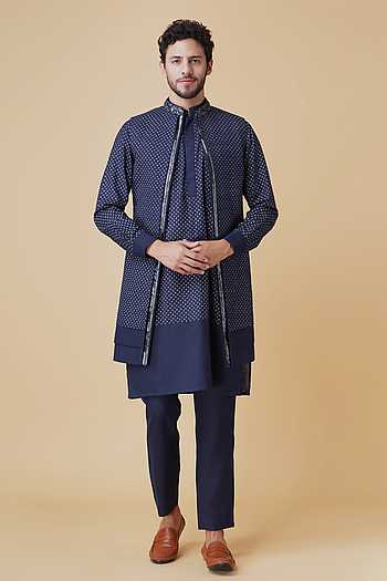 Buy Blue Ruby Silk Embroidered Nalki Longline Naki Bundi Jacket Pant ...