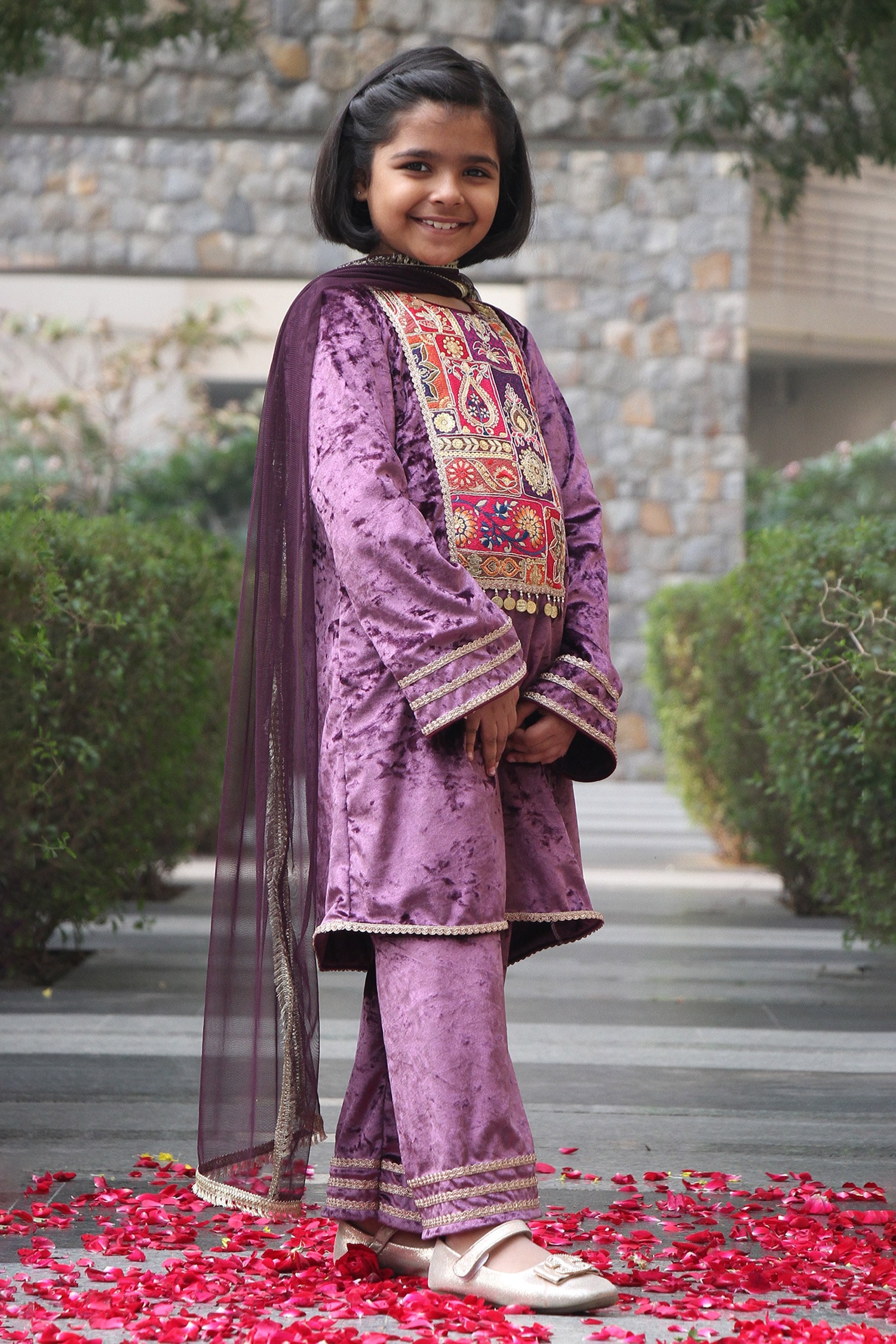 Buy Purple Velvet Embroidered Thread Yoke Kurta Set For Girls by Taber Tikri Online at Aza Fashions.