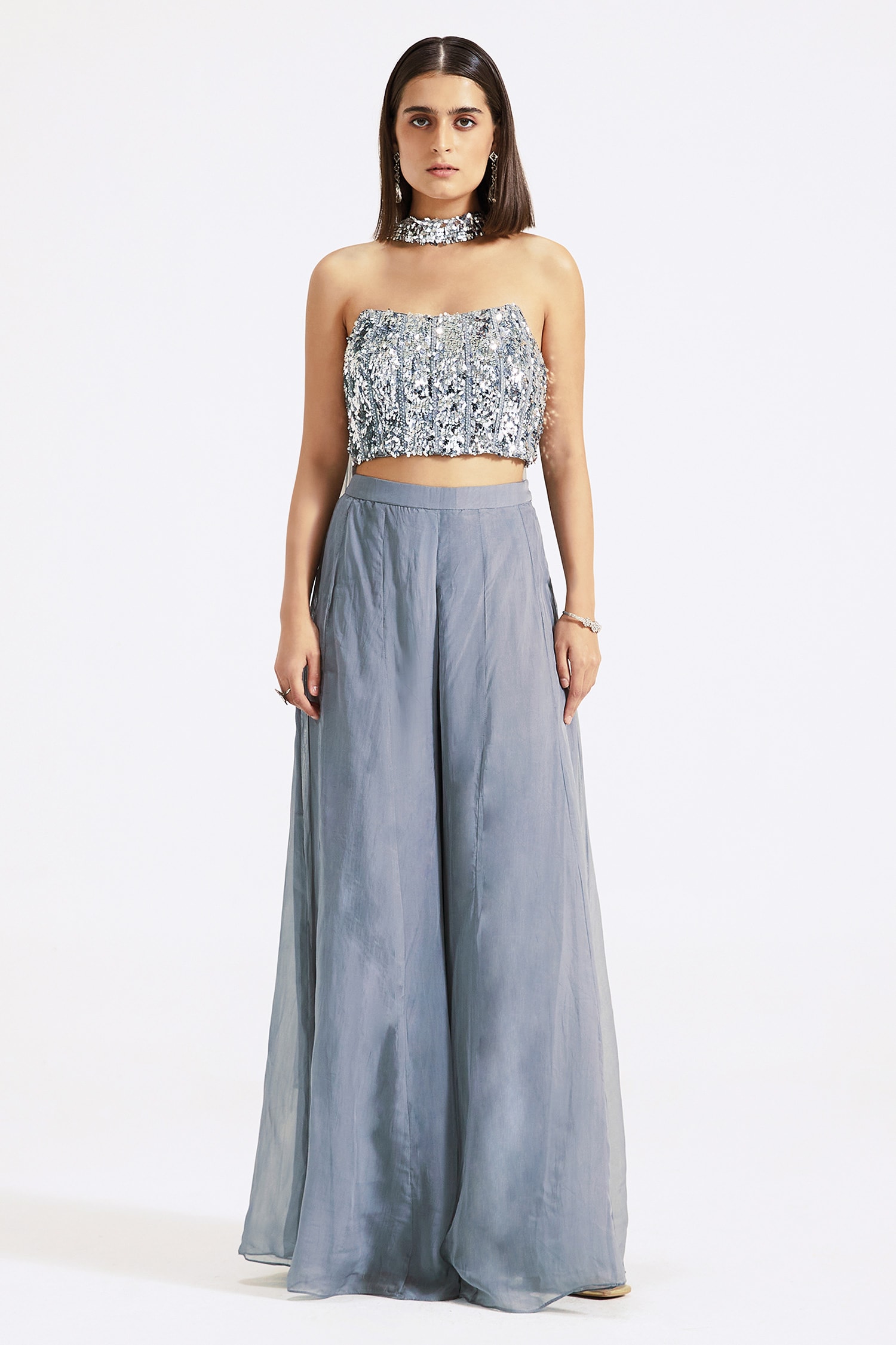 Buy Silver Georgette Embellished Sequins Sweetheart Tube Blouse Sharara ...