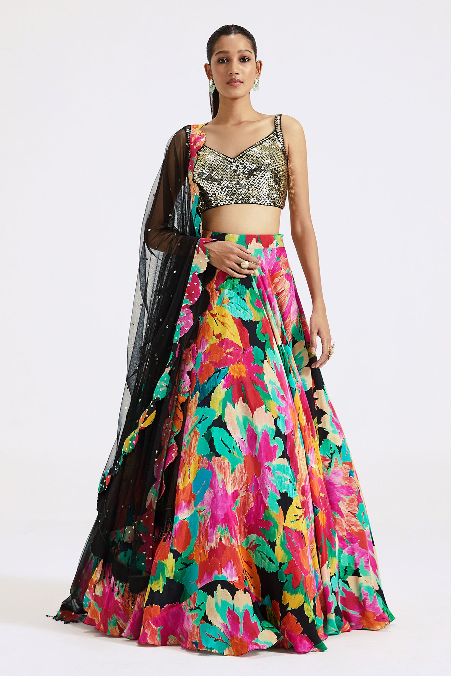 Buy Multi Color Lehenga Crepe Print Floral V Neck Retro Set For Women ...