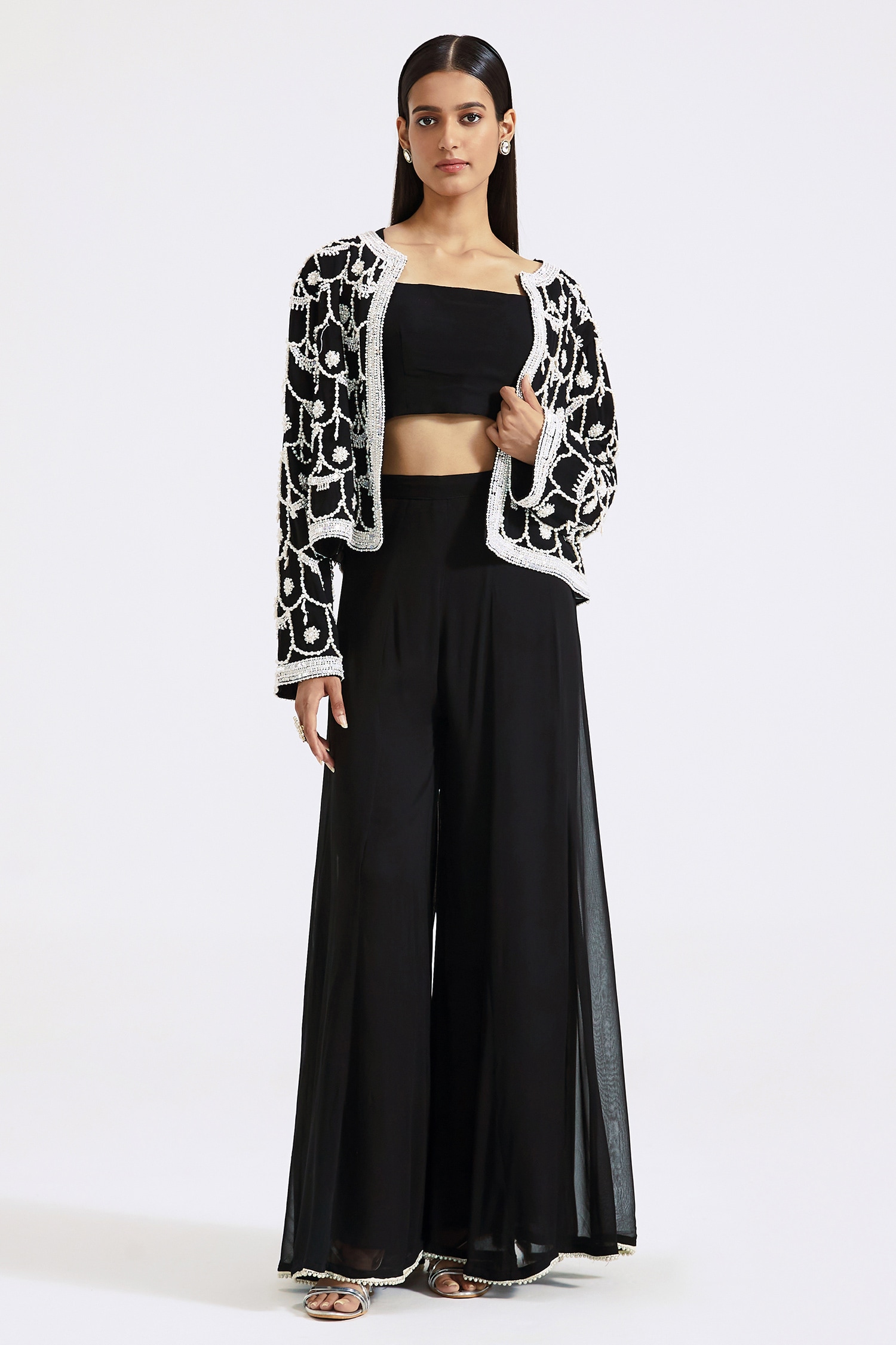 Buy Black Georgette Embroidery Pearls Jacket: Open Neck Sharara Set For ...