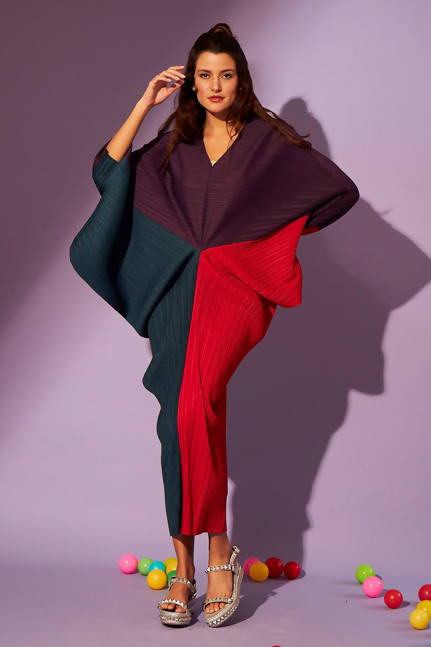 Buy Green Pleated Polyester Plain V Neck Kimono Kitsch Dress For Women ...