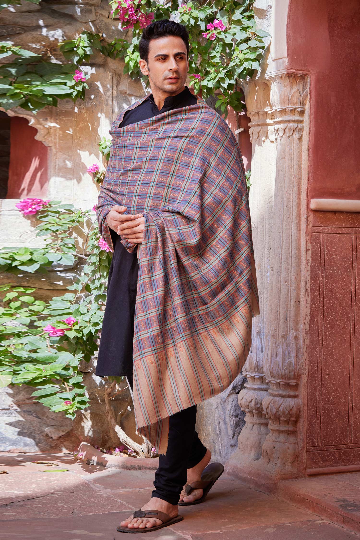 Buy Blue Embroidery Sozni Chequered Dushala by Toosh Kashmir Online at ...