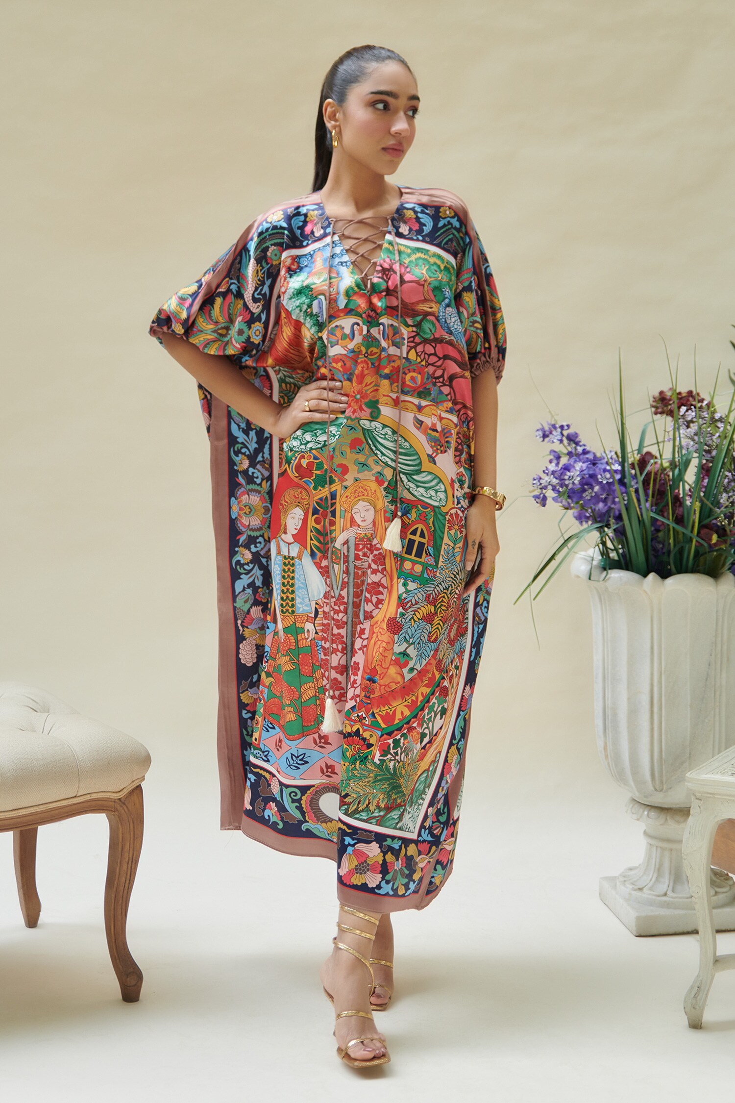 Buy Multi Color Satin Printed Medieval V-neck Kaftan For Women by Cin ...