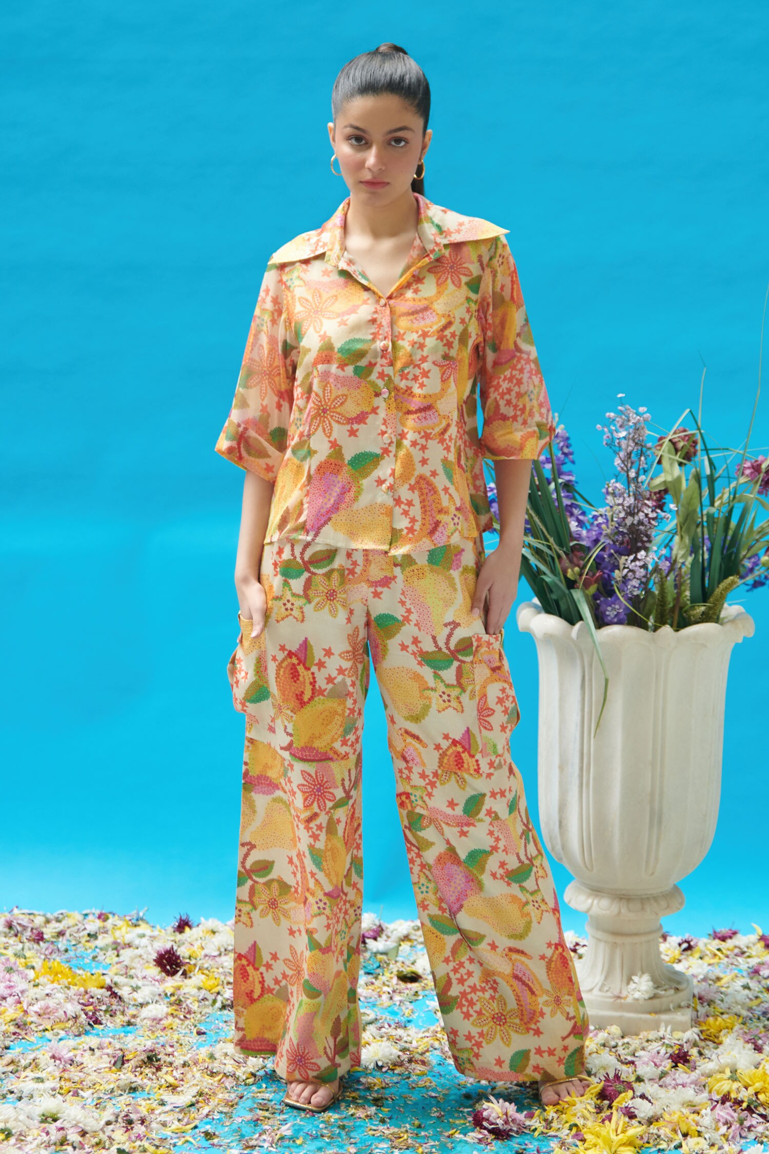 Buy Multi Color Chiffon Printed Pear Tree Cargo Pant For Women by Cin ...