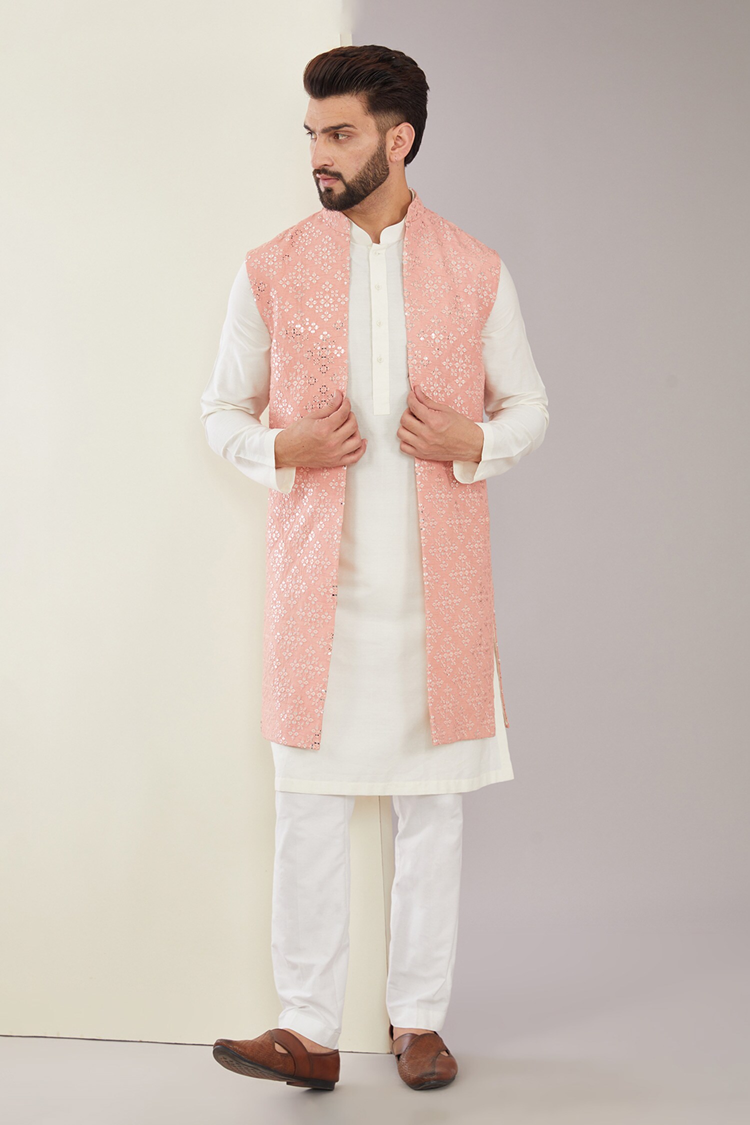 Buy Peach Silk Embroidered Mirrorwork Long Shrug For Men by Kasbah ...