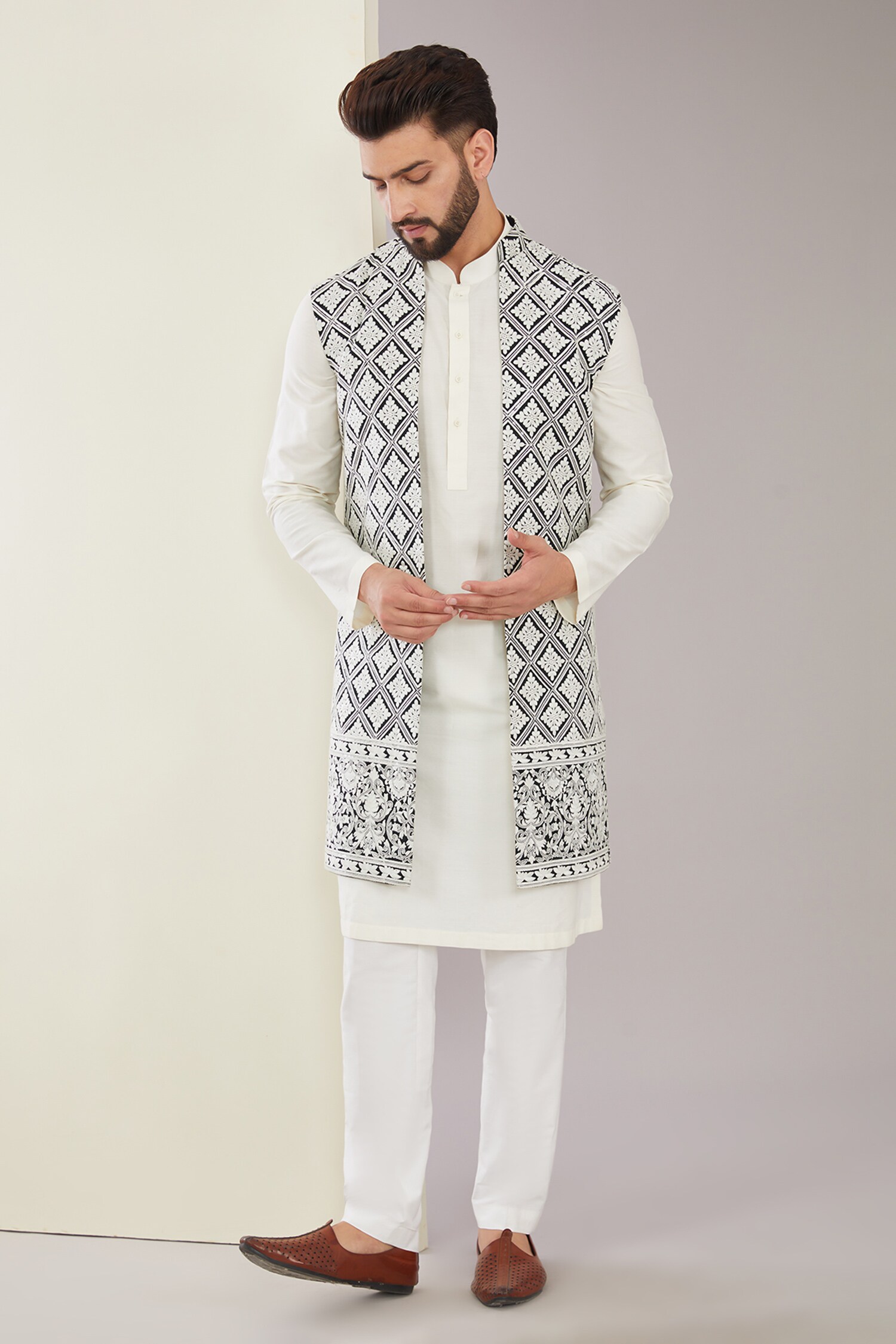 Buy White Silk Embroidered Thread Floral Long Shrug For Men by Kasbah ...