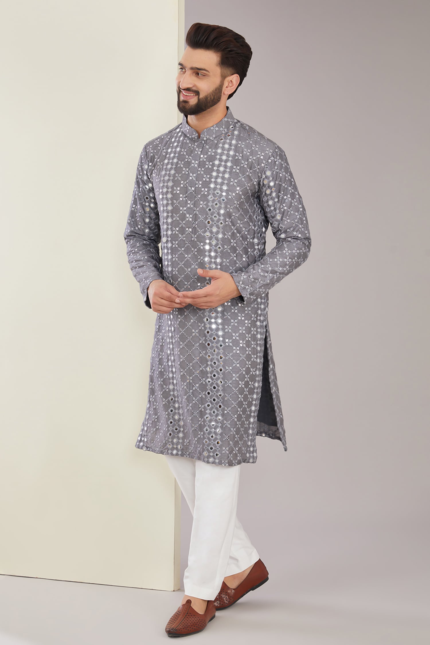 Buy Grey Silk Embroidered Mirrorwork Geometric Kurta For Men by Kasbah ...